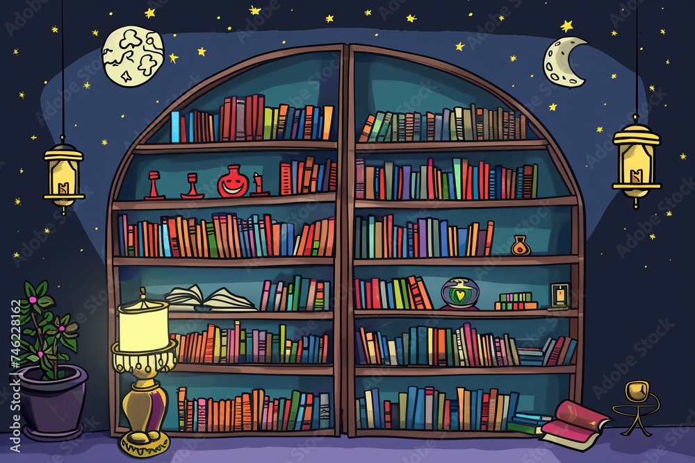 Cartoon cute doodles of a quiet Ramadan library with shelves of books ...