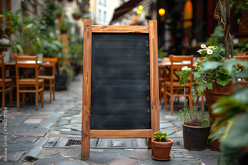 Blank blackboard restaurant shop sign or menu boards near the entrance ...