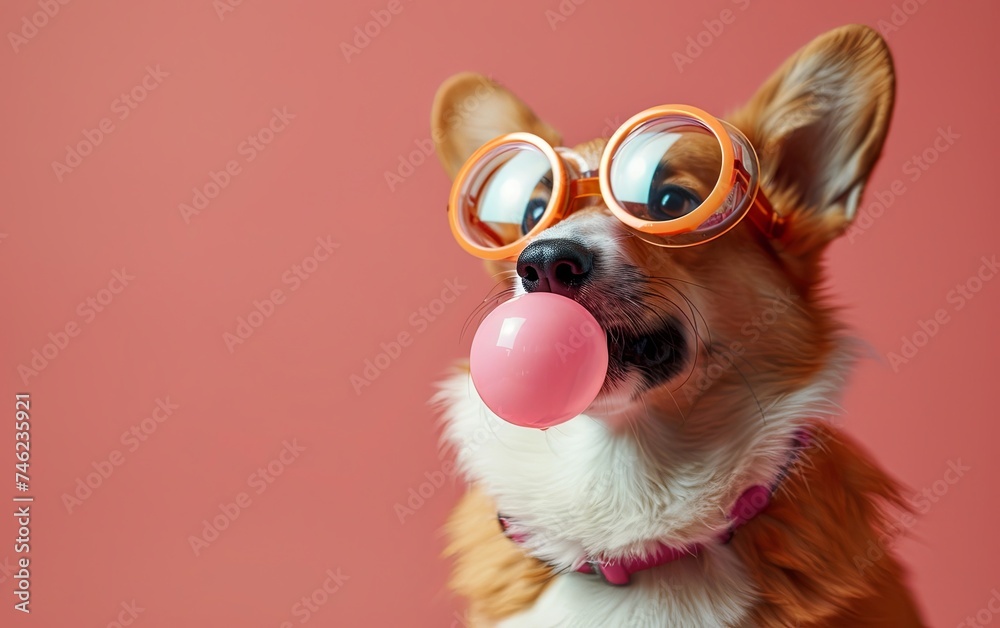 Corgi dog blowing bubble gum wearing goggles fashion portrait on solid ...