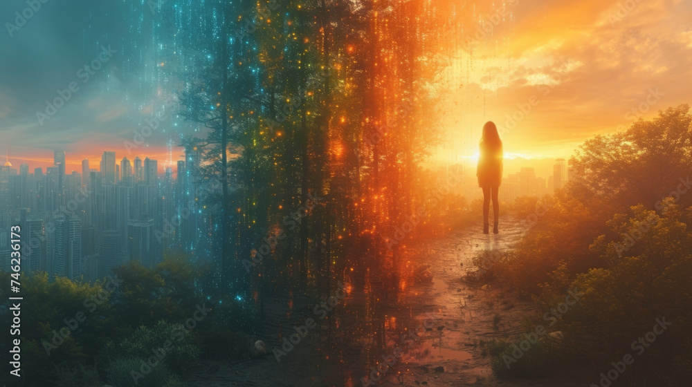 A futuristic city skyline is divided into two halves with one side ...