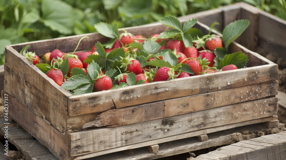 In a rustic wooden crate freshly picked strawberries sit nestled ...