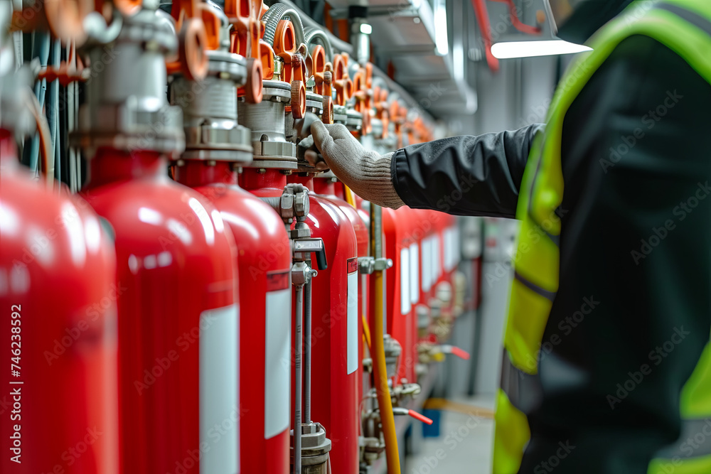 Engineers Inspecting a Fire Extinguisher Tank in the Fire Control Room ...