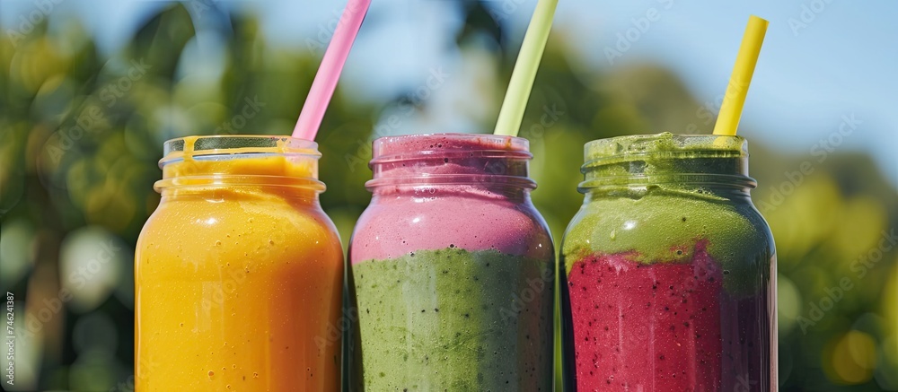 Foto de Three identical green smoothies are neatly lined up in a row on ...