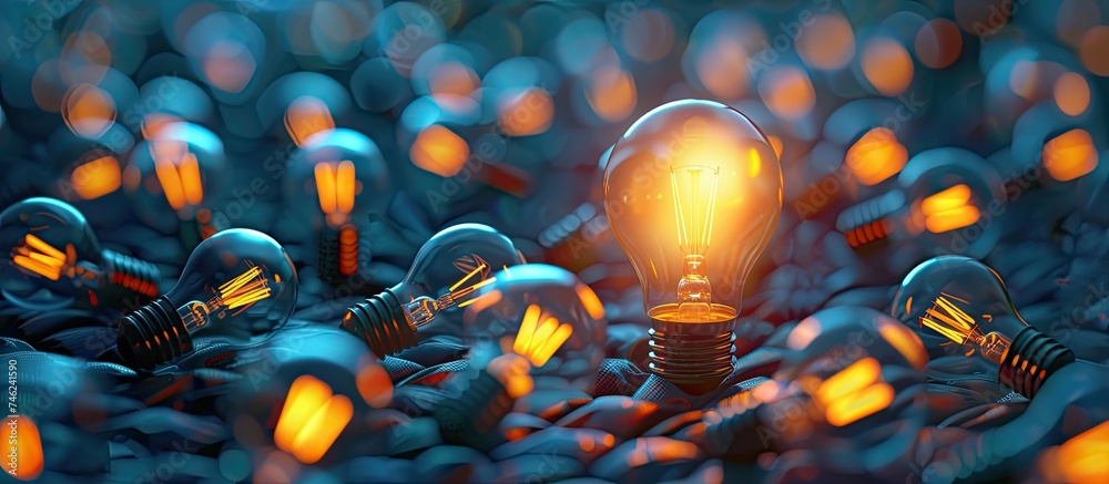 A group of light bulbs is positioned on top of a pile of rocks ...