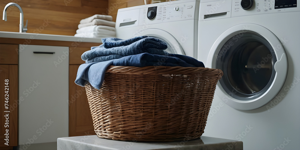 laundry clothes pile in a wicker basket at bathroom or utility counter ...