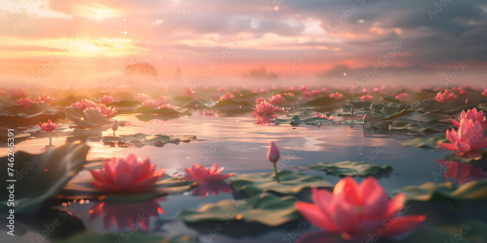 pink lotus flowers on the river at sunset, A lake filled with lots of ...