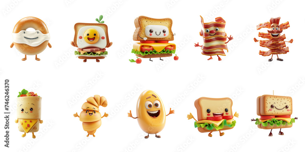 Assorted cute cartoon breakfast food characters isolated on a ...