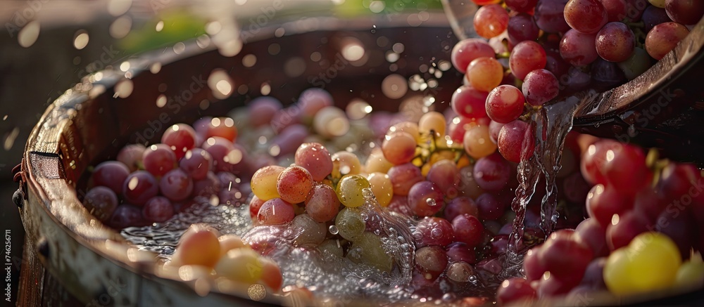 Red and white grapes are being washed in a bucket filled with water ...