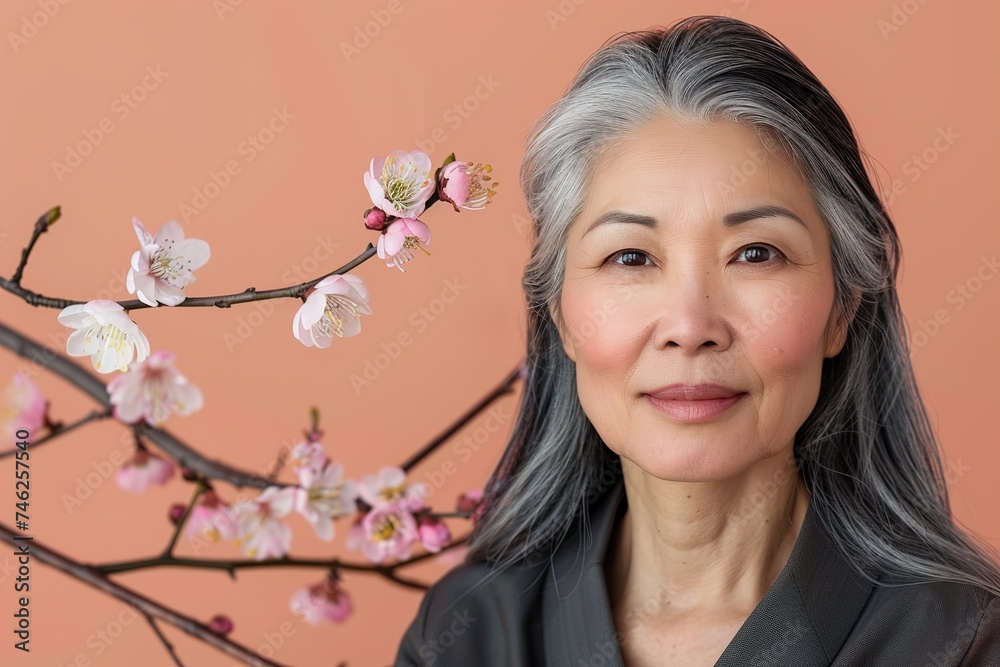 Mature Asian woman with cherry blossoms on a peach background. Portrait ...