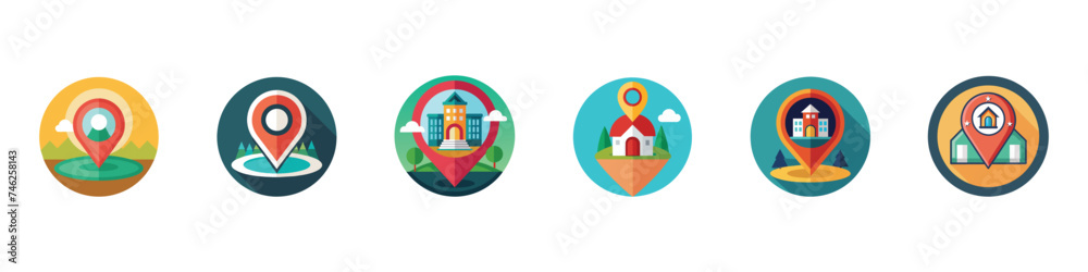 Flat colored location icon, map illustration with markers and clouds ...