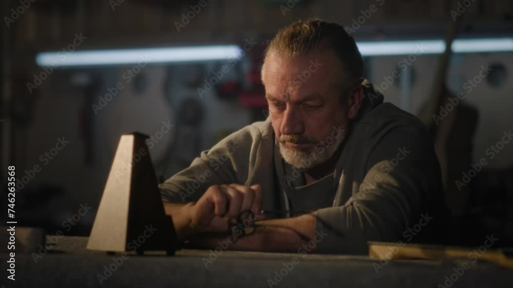 Mature professional craftsman sits at table in dark workshop and looks ...