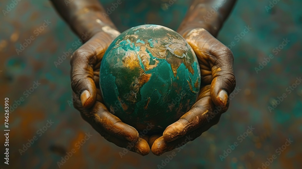 human holding the earth with hands. Save planet concept. Symble of the ...