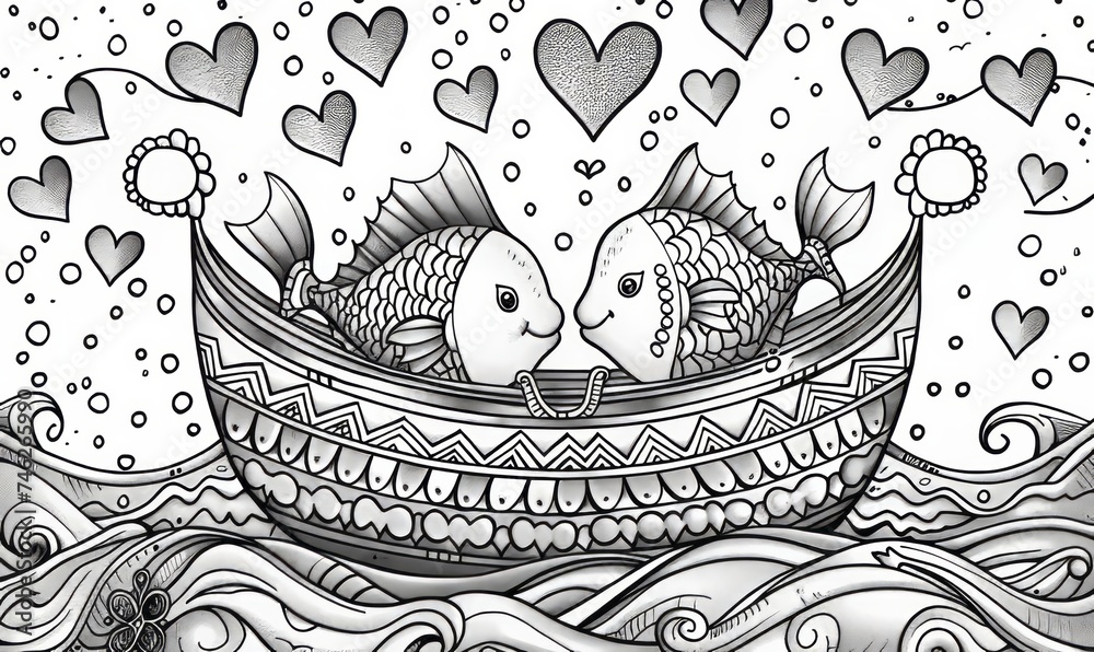 Illustration of Two Fish, Fish Couple, Fish in Love, Colouring Page ...