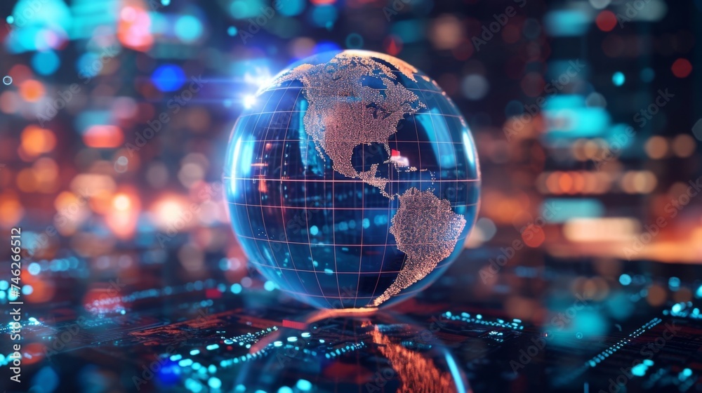 A hovering holographic globe shows a world map with each country representing a different ...