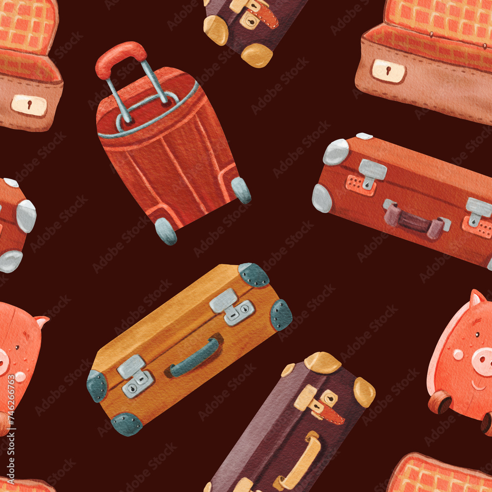 Seamless pattern of open and close Stylish brown retro suitcase, child ...
