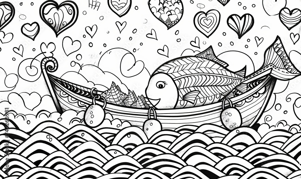 Illustration of Fish, Fish in Boat, Fish in Love, Colouring Page ...