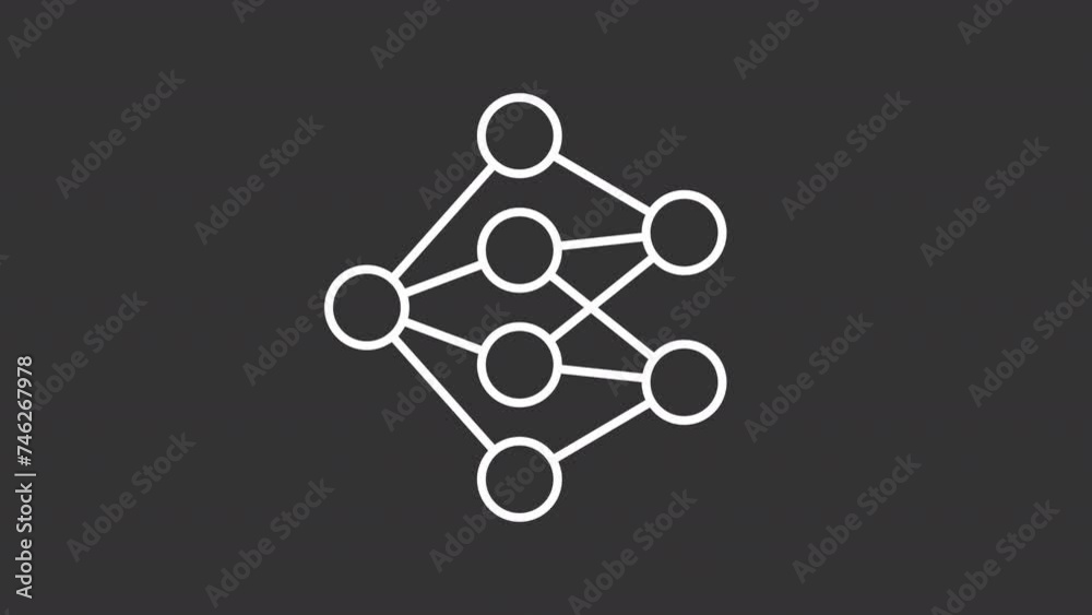 Animated network white icon. Artificial neural network line animation. Interconnected nodes ...