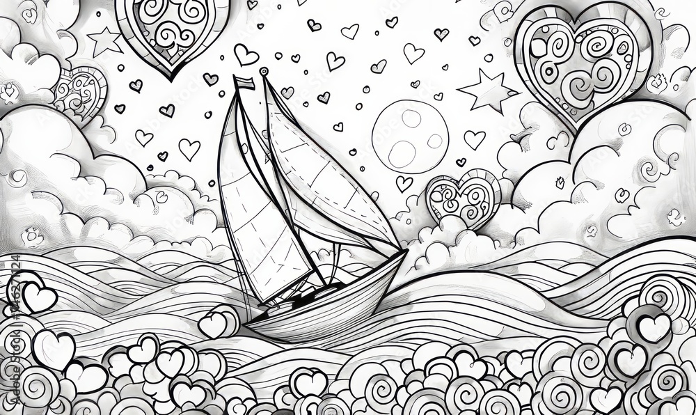 Illustration of Sailboat, Doodle, Boat Love, Colouring Page, Simple ...