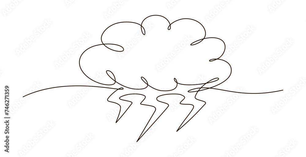 Continuous one line drawing of human brain, storm cloud and lightning ...