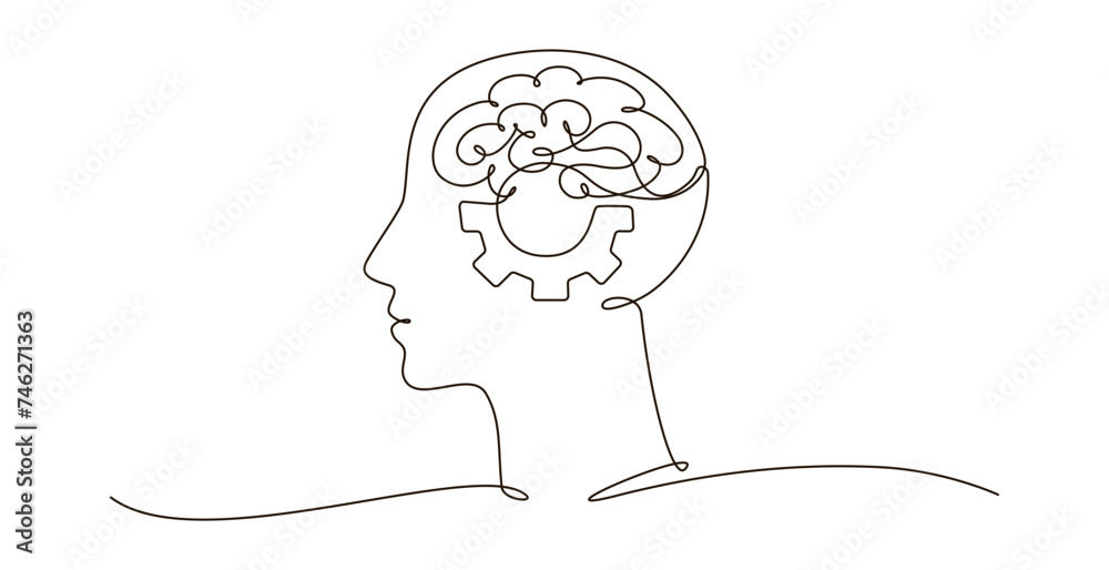 Vetor de Continuous one line drawing human head with brain and gear ...