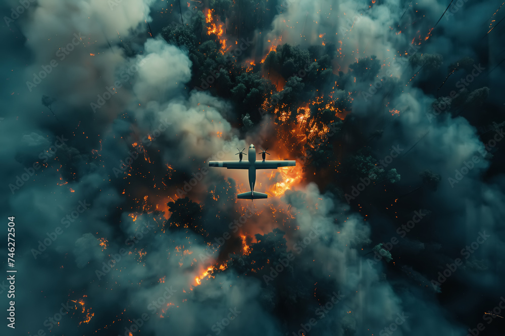 Forest fires, plane flies over a forest covered with thick smoke and ...