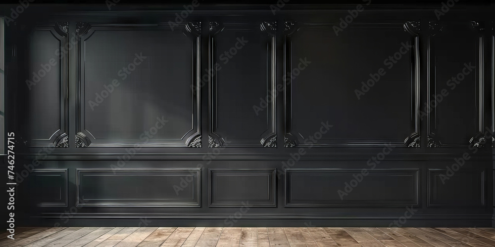 empty room with black wood wall panels background with wooden floor ...