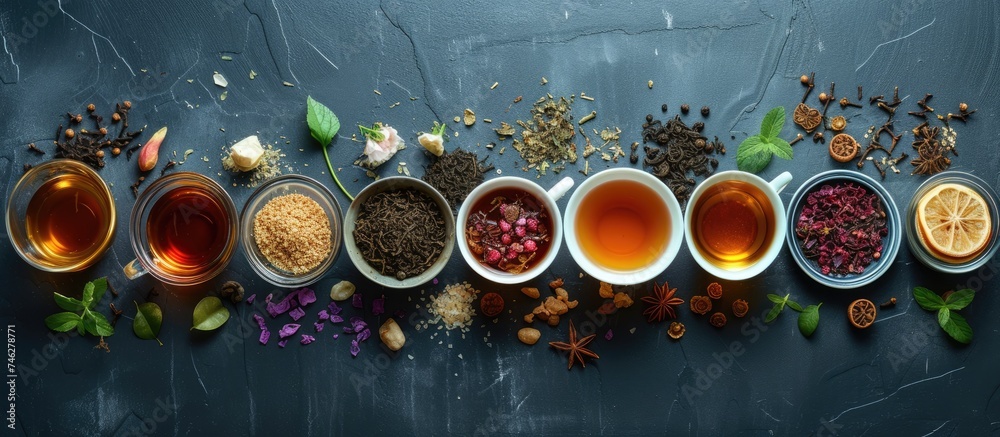 This image shows a diverse selection of tisanes in cups alongside their ...