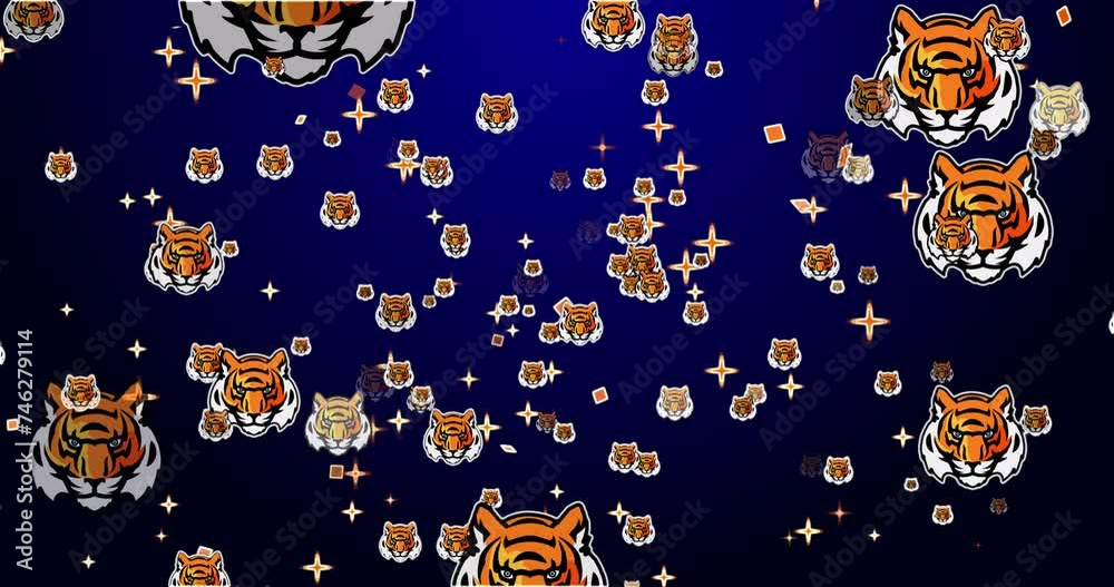 4K Tiger with a colorful star animated background. Animated Tiger on a ...