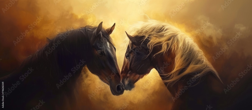Two horses are depicted facing each other, showcasing a powerful and ...
