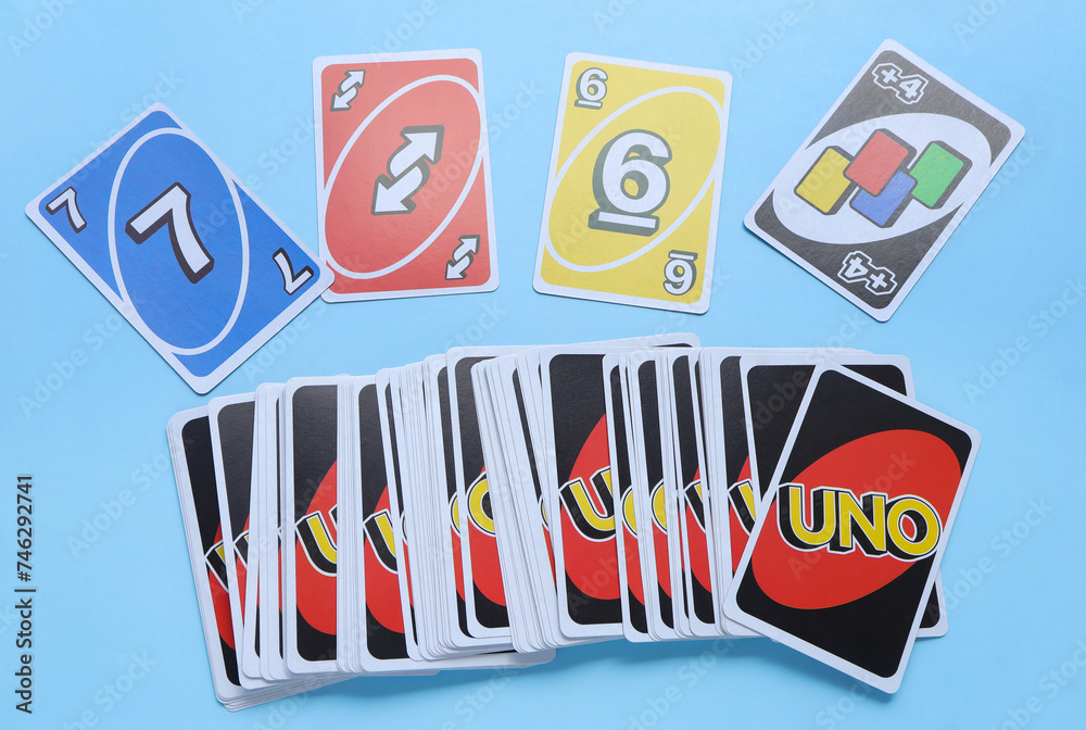 Bangkok, Thailand : August 13, 2023 : A set of colorful Uno game cards ...