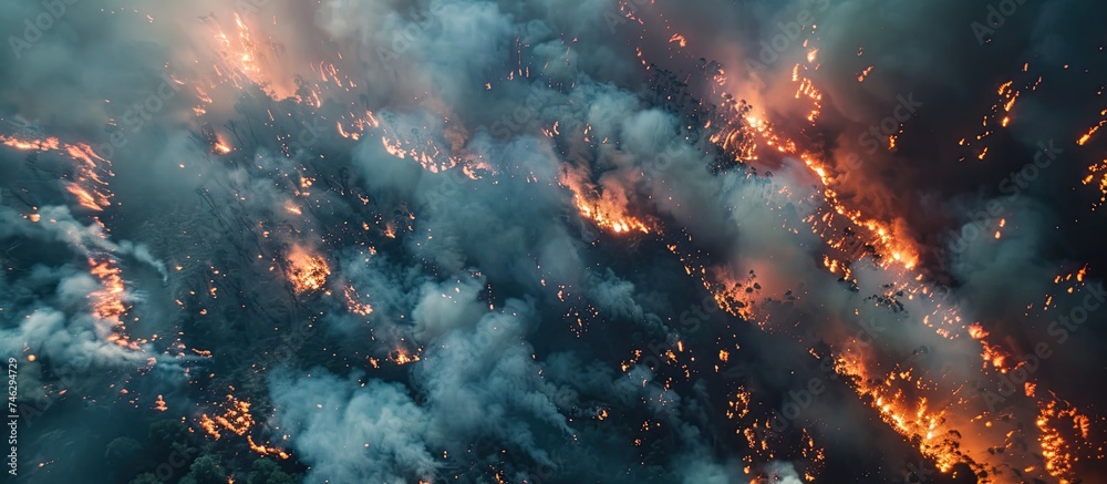 An aerial perspective captures a wildfire raging in the sky, with ...