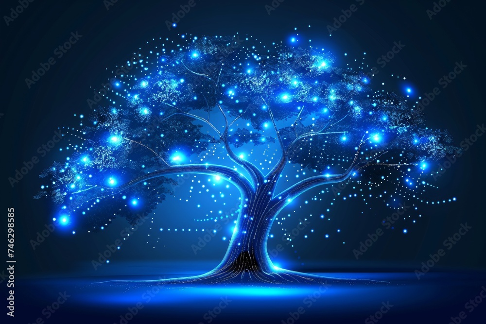 Abstract technology tree branches made of glowing blue lines dotted ...