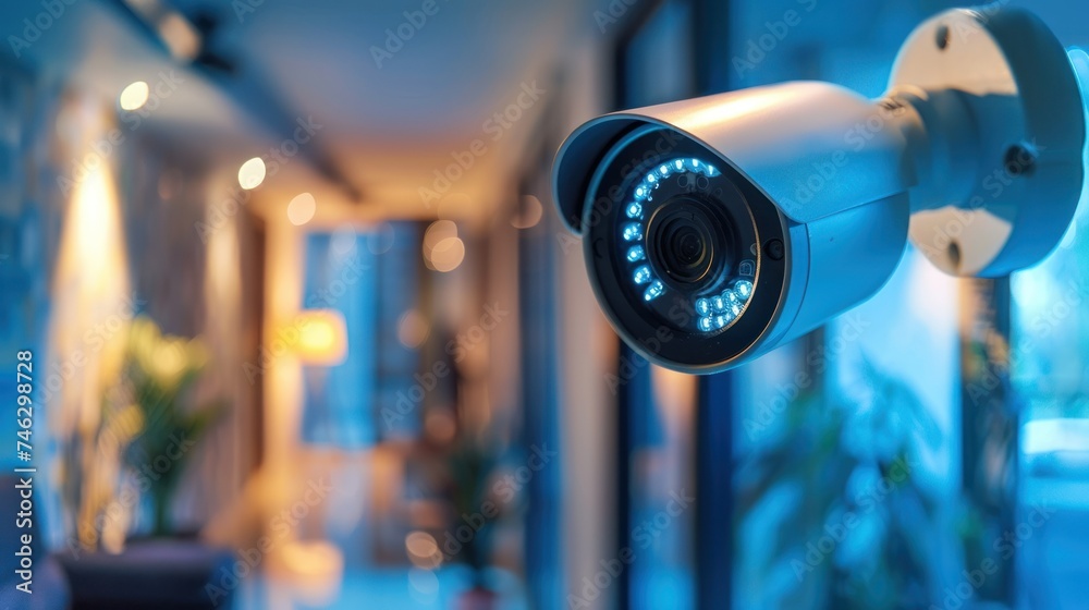 Security Surveillance Camera in Hallway. A close-up of a security ...