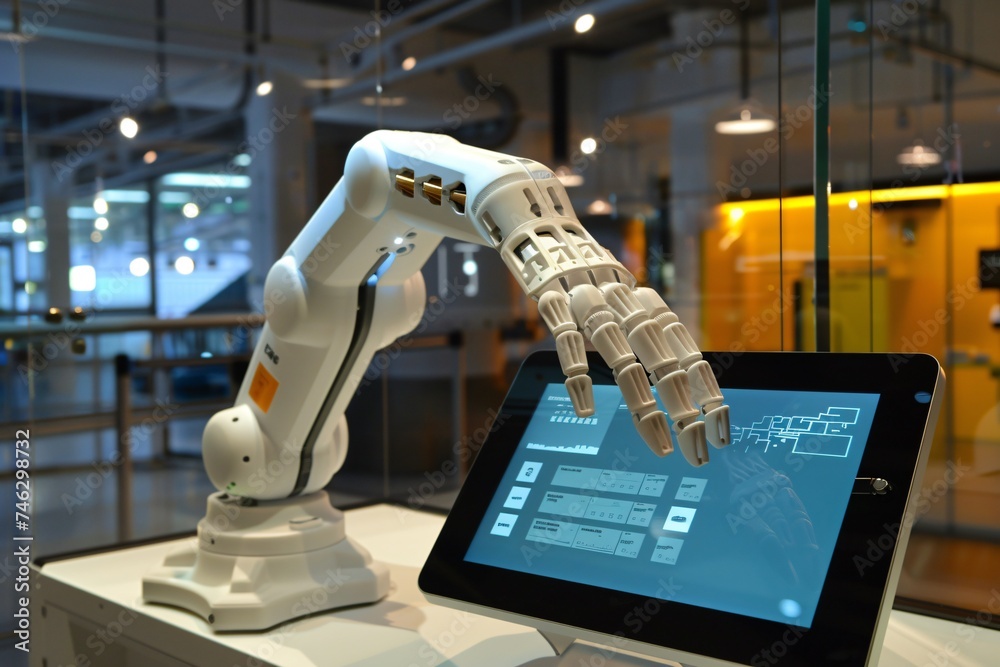 A 3D printed robotic arm operated via a blue touchscreen panel ...