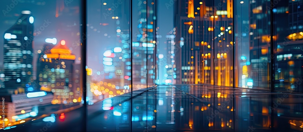 A view of a city at night seen through a window. The city is ...