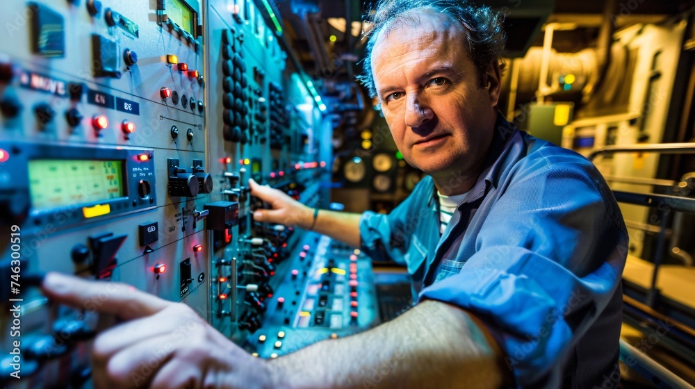 An engineer in a control room hands over a console with electric ...