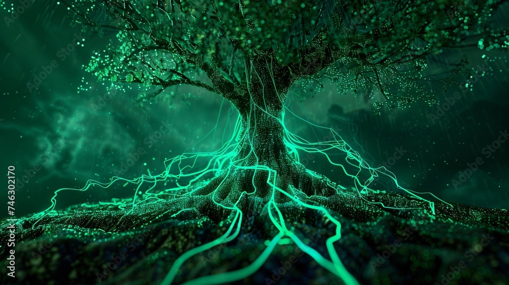 Futuristic tree silhouette its roots and branches formed from ...