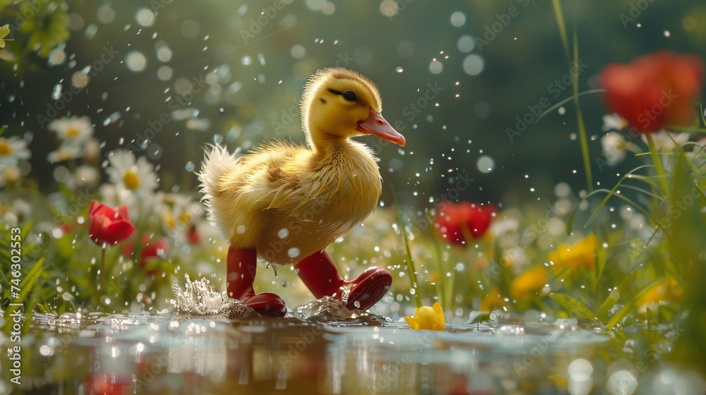 Duckling wearing rain boots splashing in puddles during spring shower ...
