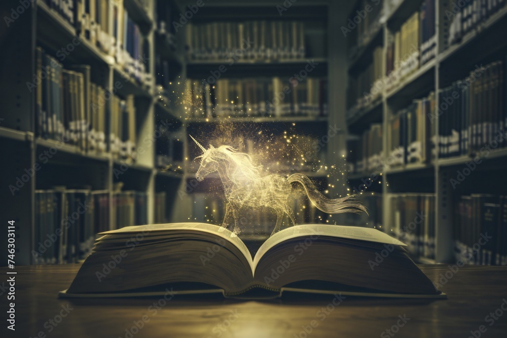 In a quiet library corner a forgotten book on mythical creatures falls ...