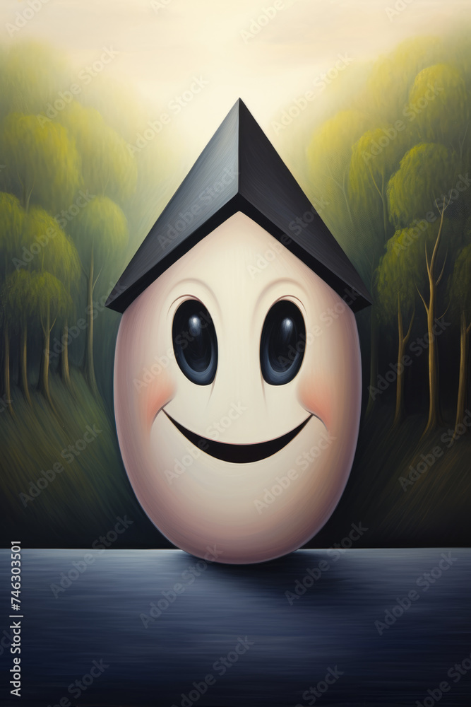 A painting of a smiley face with trees in the background, humpty dumpty ...