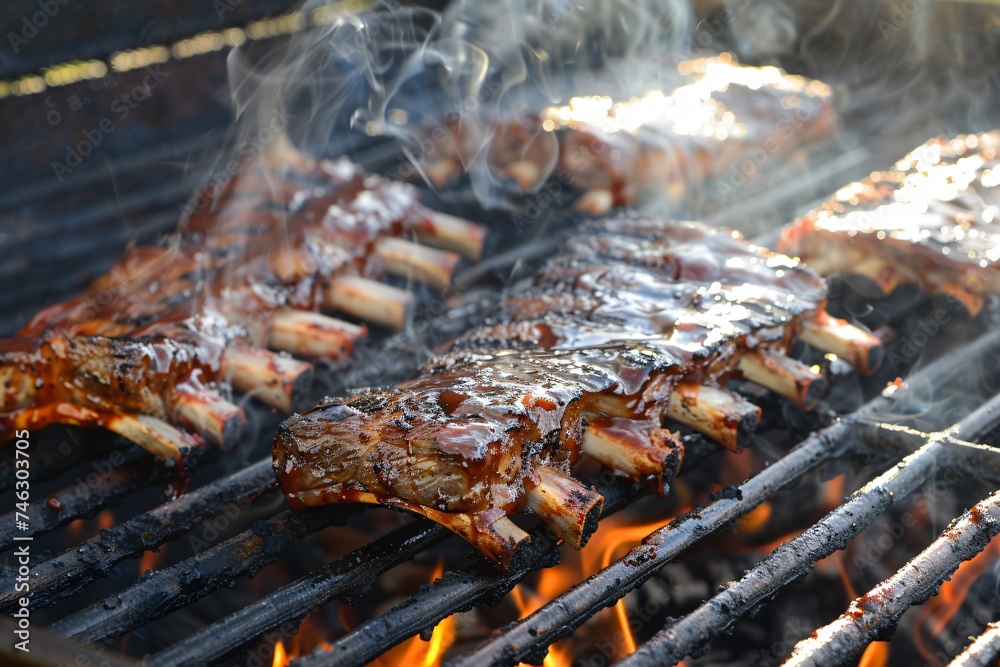 Ribs covered in barbecue sauce slowly grilling the sauce thickening and ...