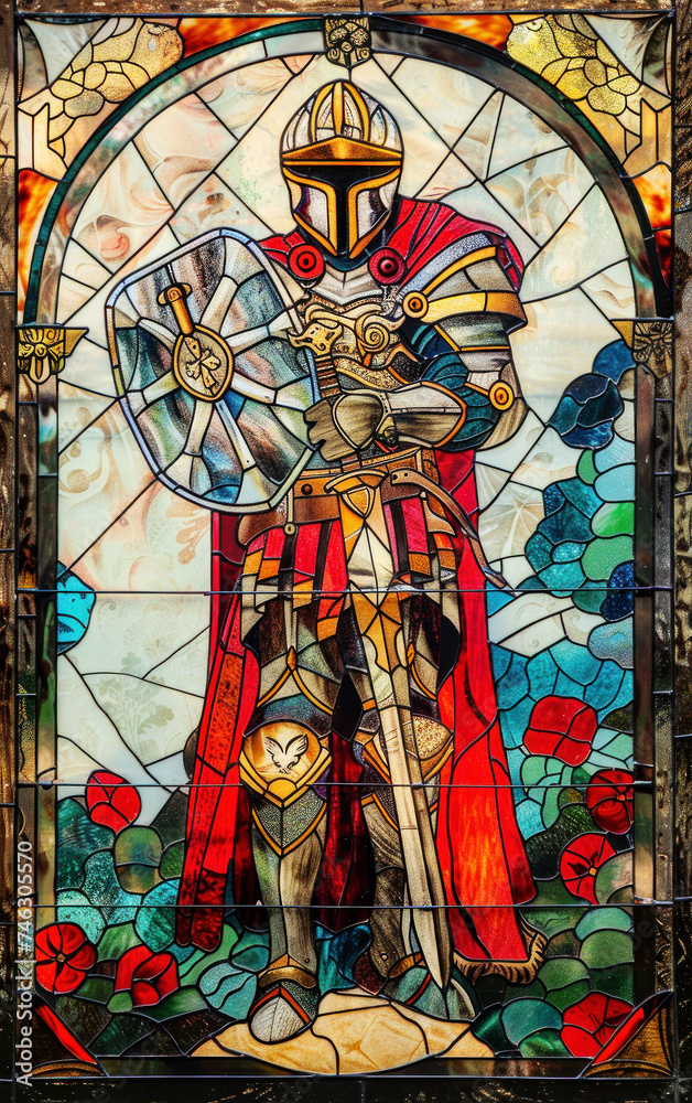 Stained glass vibrant colors in a knight design, symbolizing strength ...