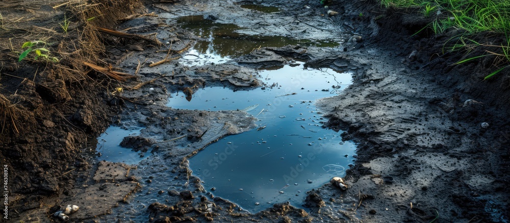 A photo capturing a puddle of water amidst a muddy road, showcasing the ...