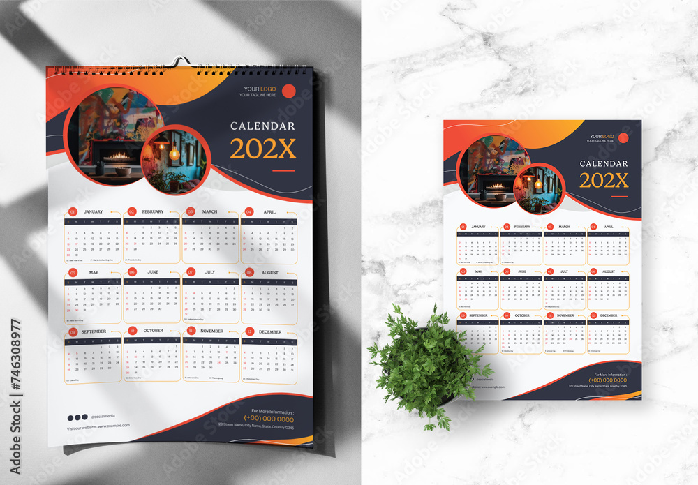 Blue And Red Company Wall Calendar Stock Template | Adobe Stock
