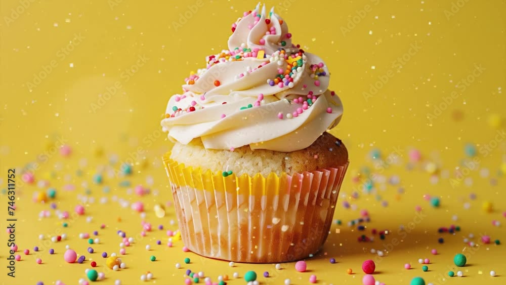 birthday cupcake with many candles and confetti on yellow background ...