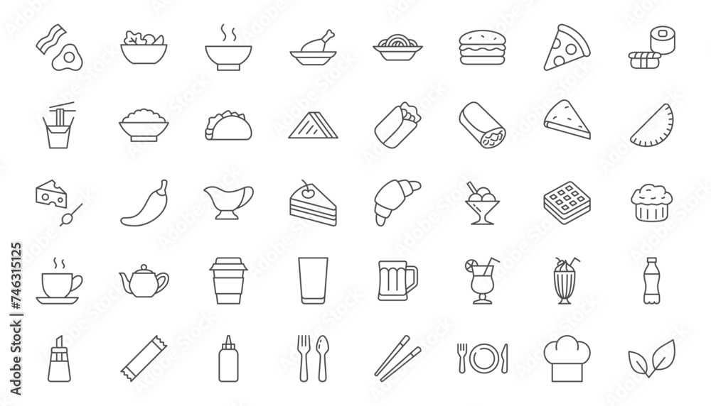 Restaurant menu line icon set. Dishes - breakfast, salad, soup, kebab ...