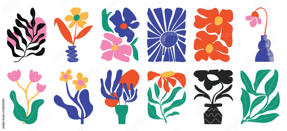 Flower doodle background vector set. Floral and leaves abstract shape ...