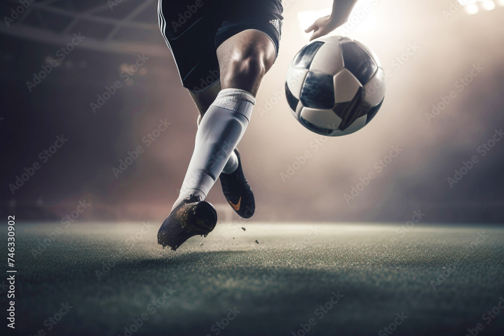 foot of football player hits ball in game, background is football ...