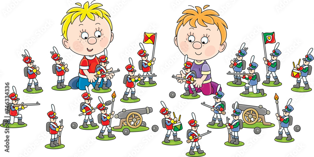 Happy little boys playing with toy soldiers and leading their small ...