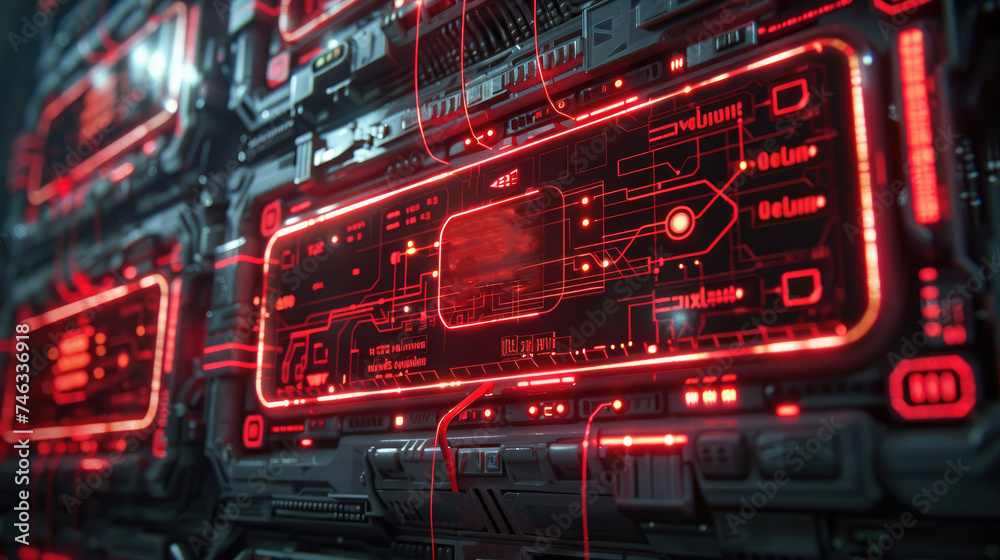 Hi-tech control computer panel screen, red neon connections coming from ...
